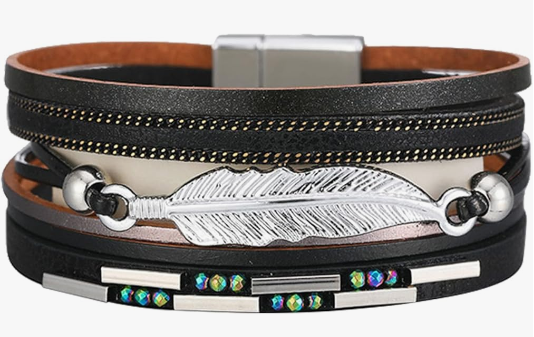 shumee Usnjena zapestnica s paščki in peresnim ovojem, črna | mimovrste=)