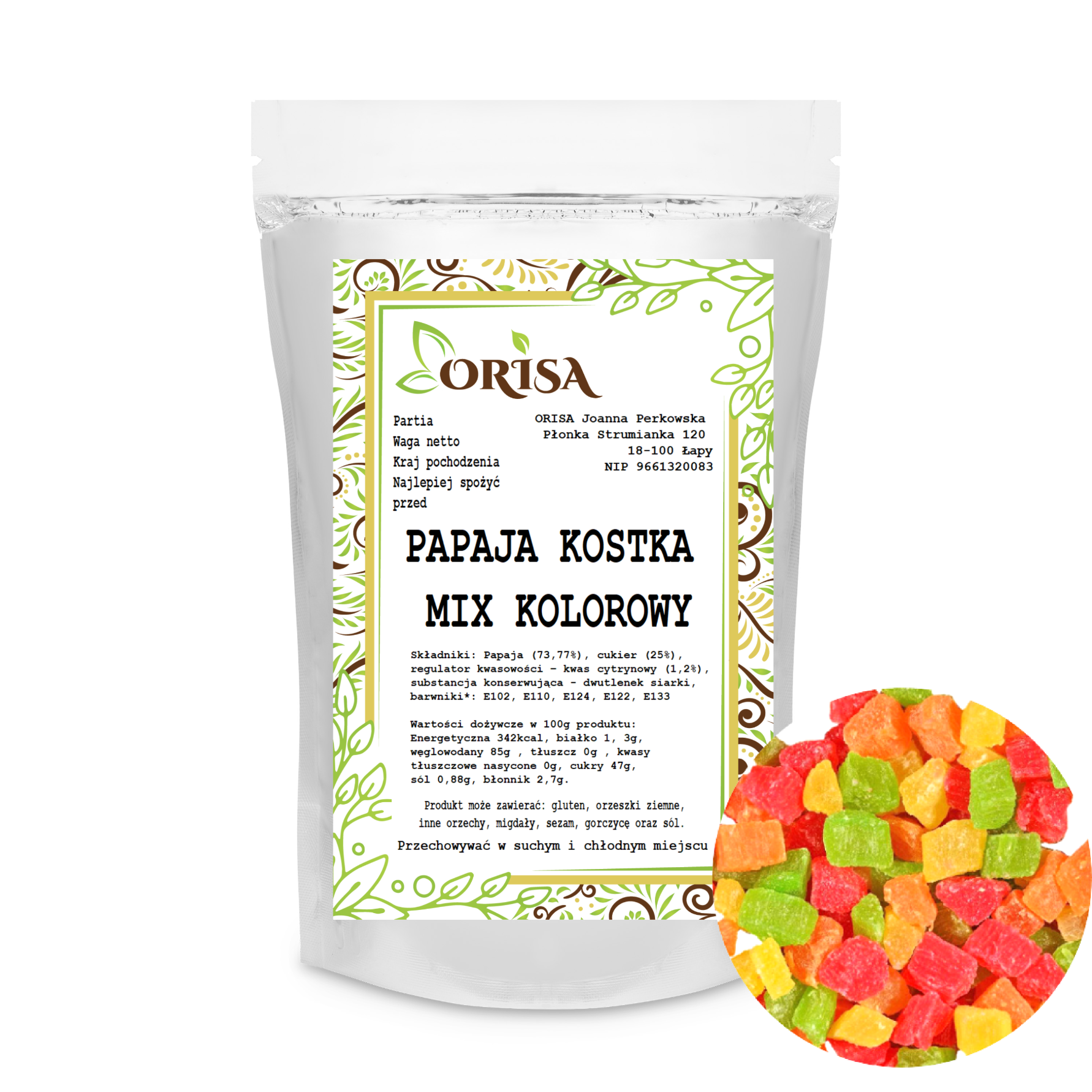 Papaja kandyzowana 1kg kostka mix kolorowy 1000g suszona papaja - Orisa