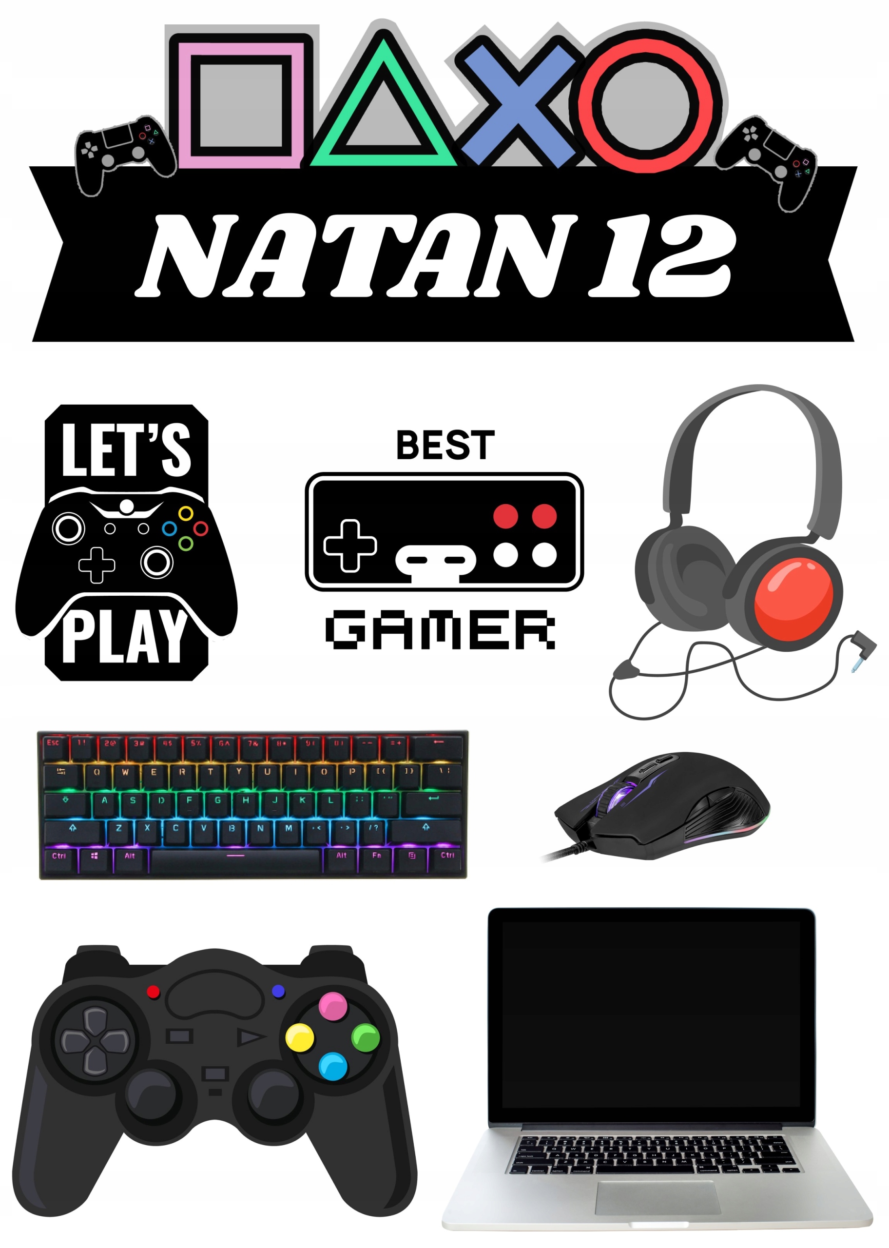 Opłatek Na Tort Gamer Gracz Konsola Play + Napis | Decor Cake