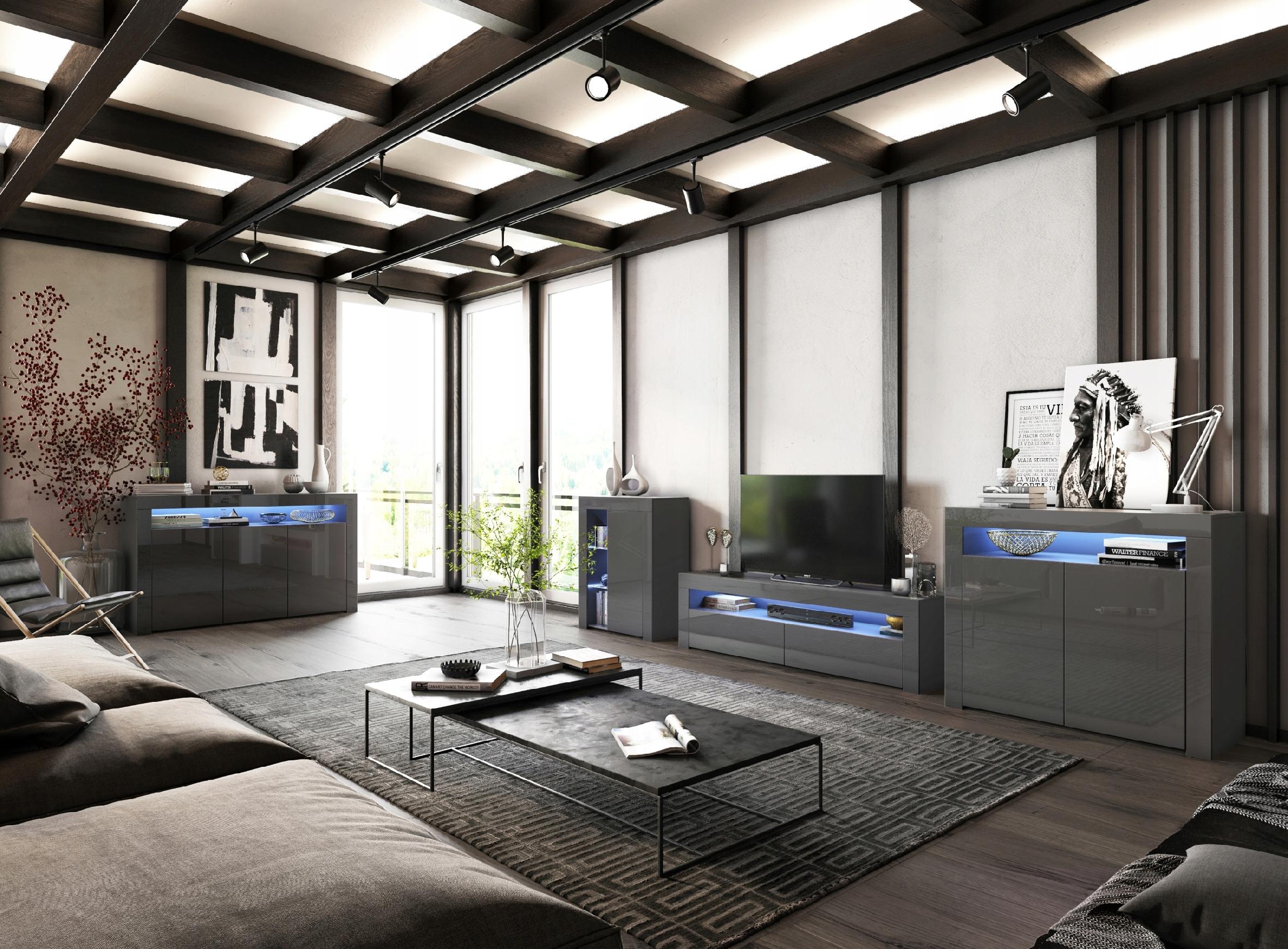 Nowoczesna Komoda szafka RTV LED grafit połysk 152 cm 58177 – sklep BRW