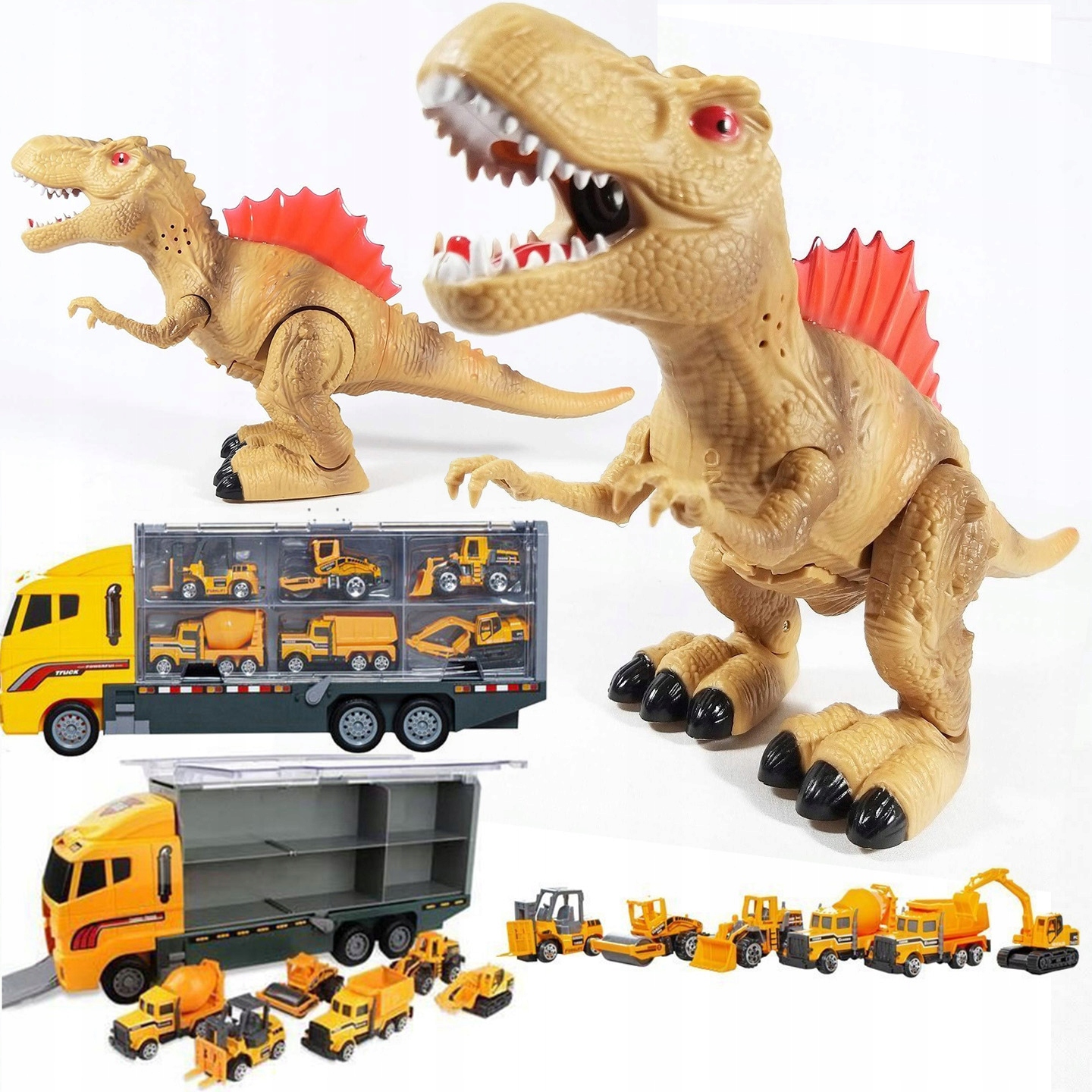 Interaktywna figurka - tyranozaur REX + Ciężarówka laweta + 6 autek ...